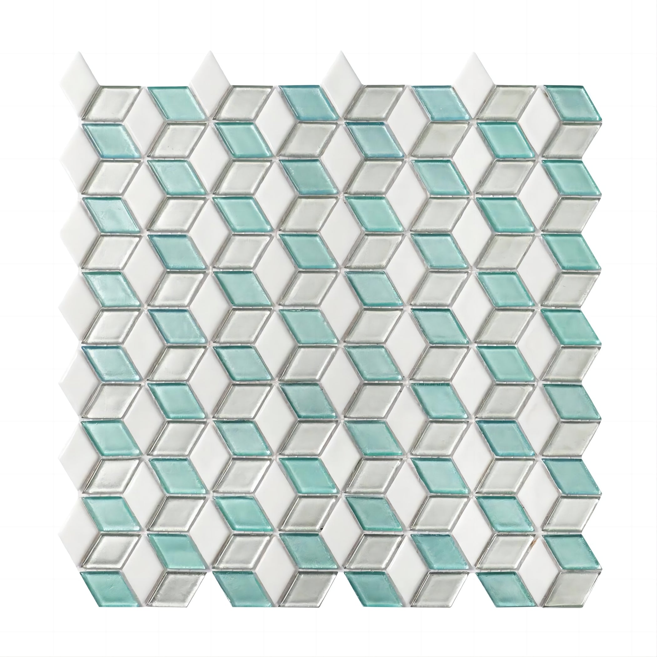 Mint Blue Light Gray 3D Rhombus Mosaic Glass Wall Tile Backsplash CGMT ...