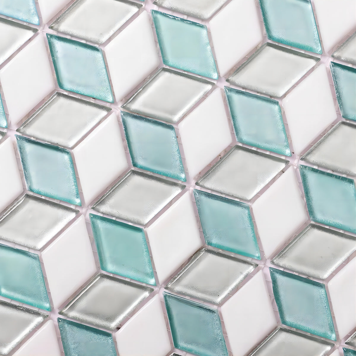 Mint Blue Light Gray 3D Rhombus Mosaic Glass Wall Tile Backsplash CGMT ...
