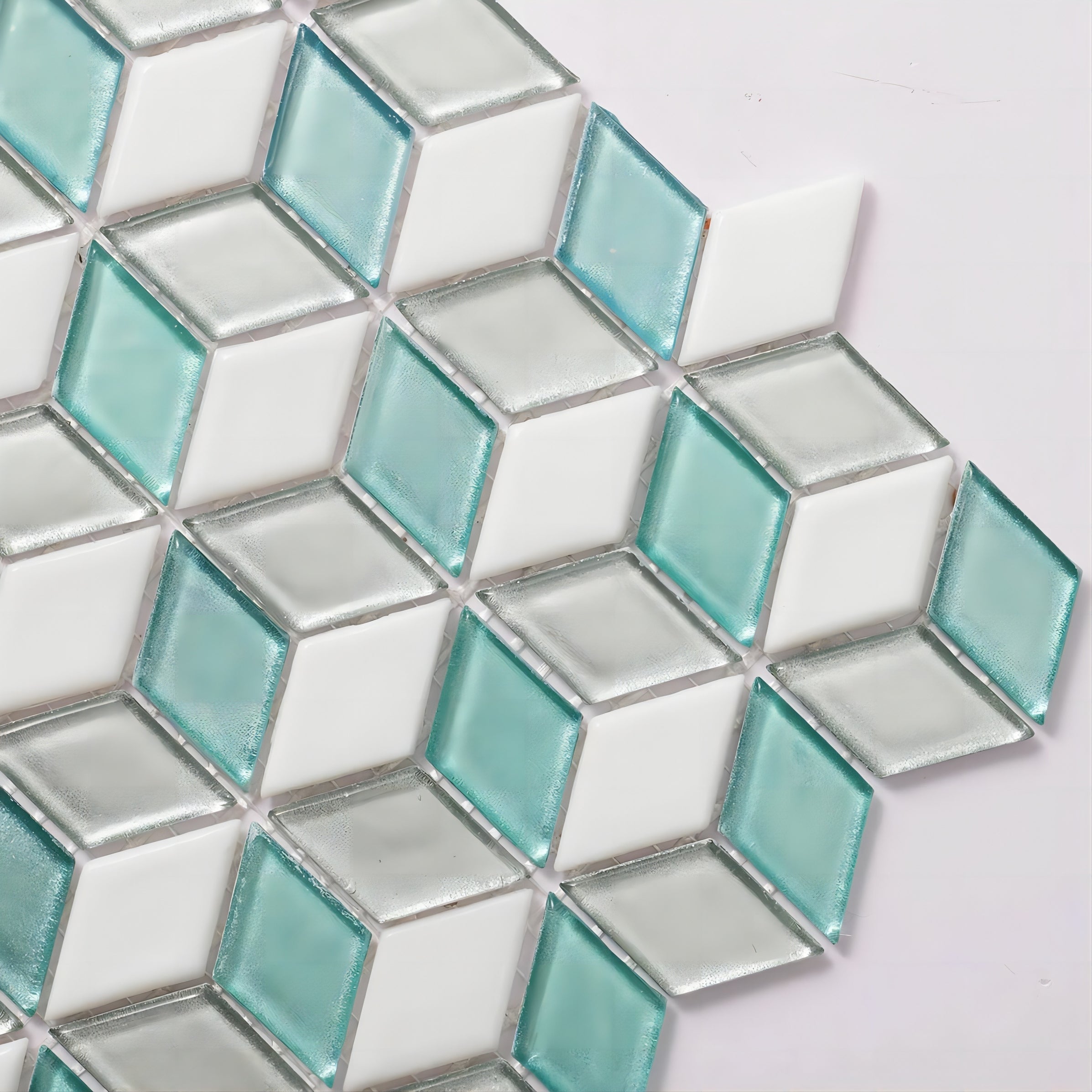 Mint Blue Light Gray 3D Rhombus Mosaic Glass Wall Tile Backsplash CGMT ...