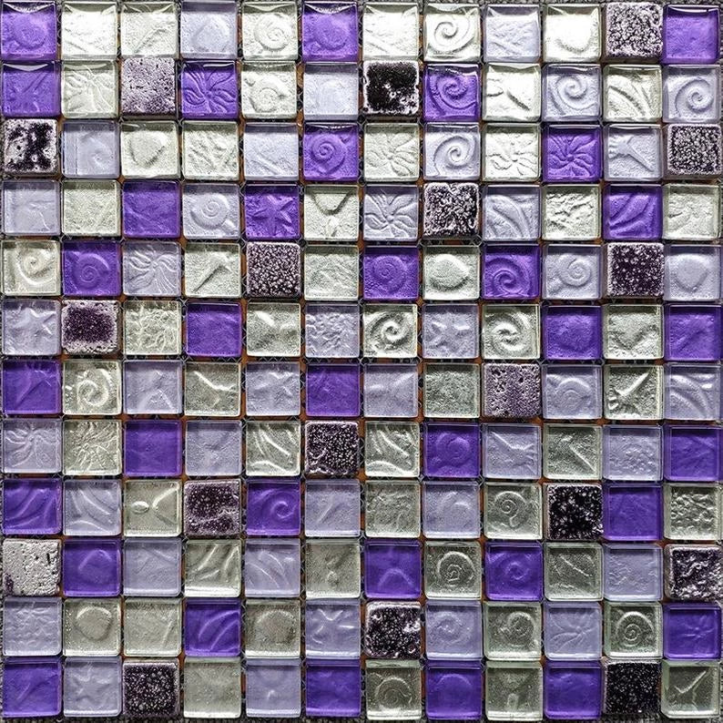 Purple Mix Silver Crystal White Glass Resin Backsplash Tile JMFGT067 B ...