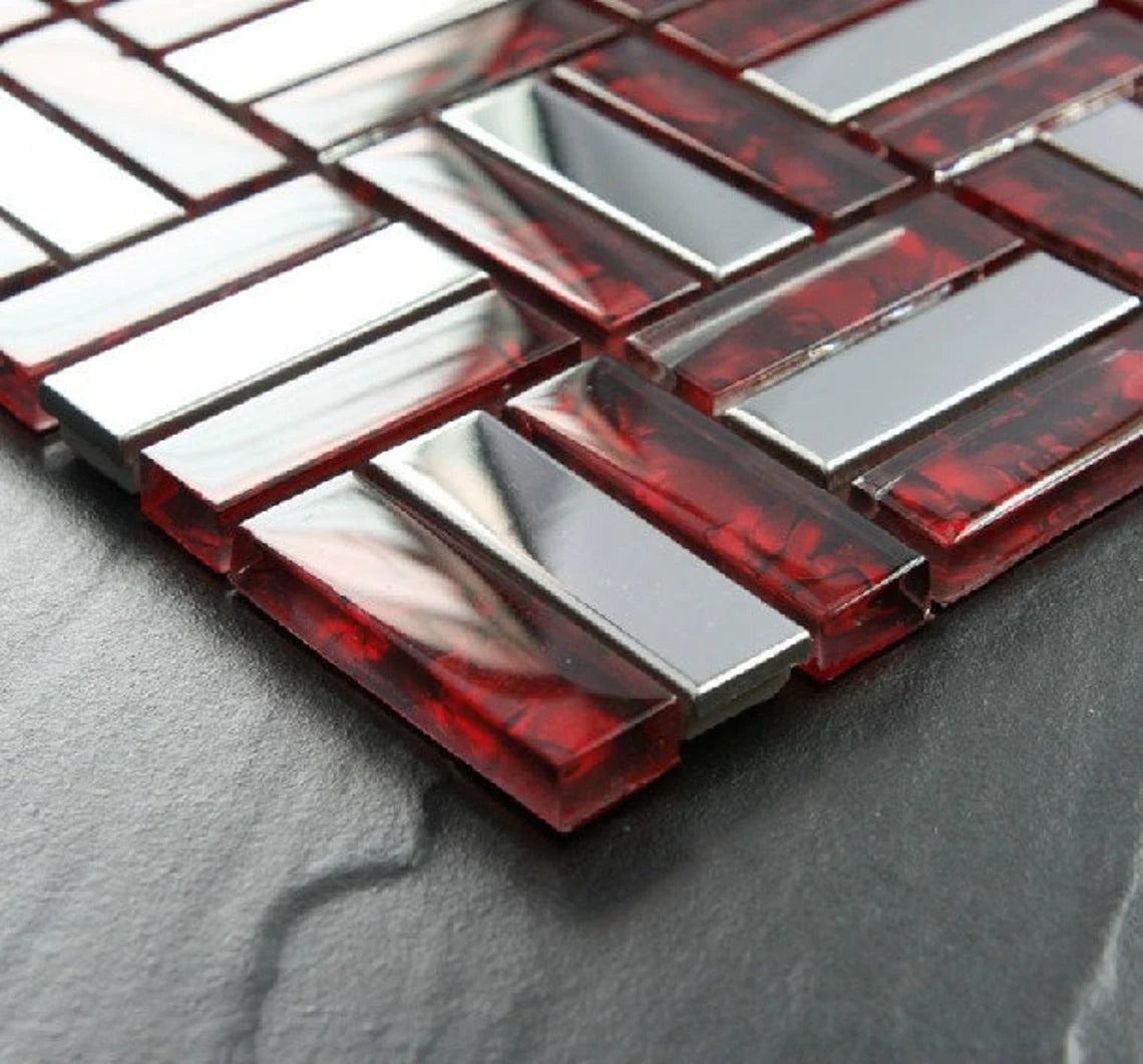 Red glass mosaic silver metal tile backsplash stainless steel SSMT021 ...