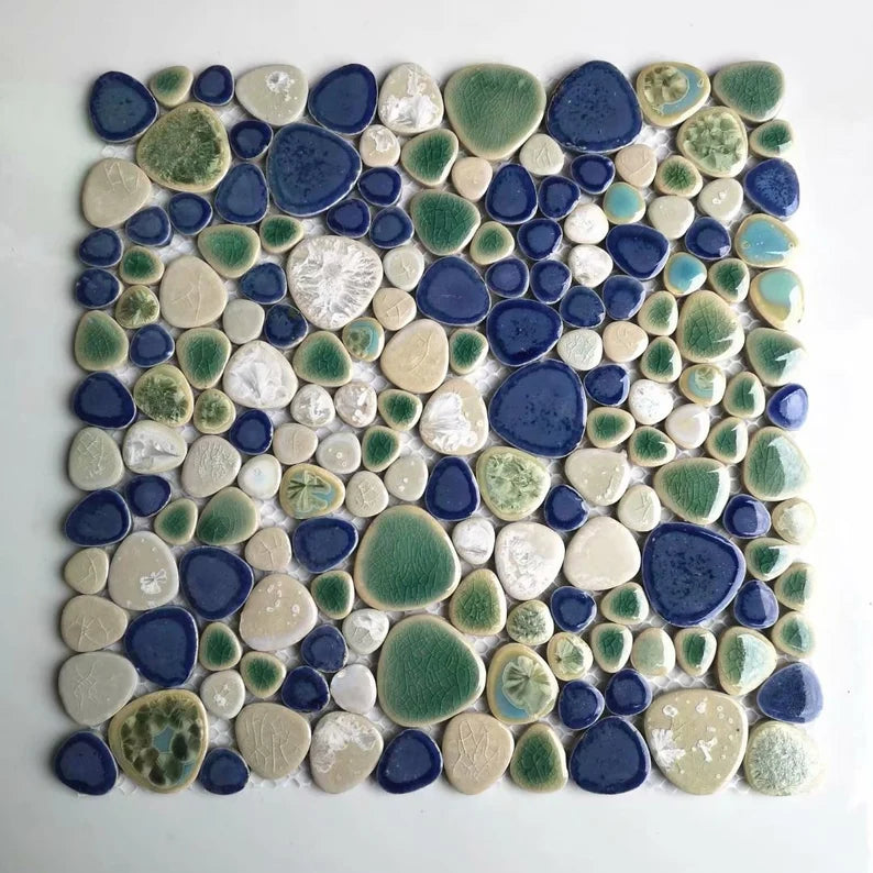 Glazed white green blue pebble porcelain ceramic mosaic kitchen backsp ...