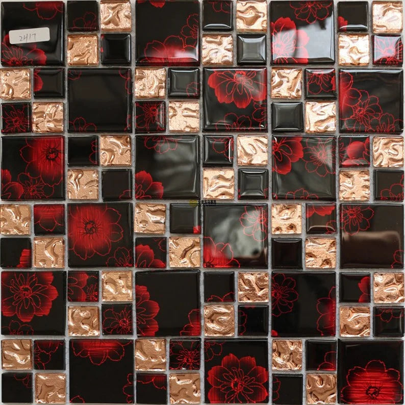 Black red rose glass mosaic backsplash tile JMFGT006 rose gold glass w ...
