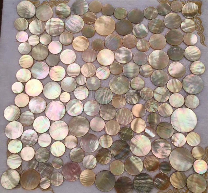 Luxury 3D Penny Round Gold Lip Shell Mosaic Mother Of Pearl Tile Kitch ...